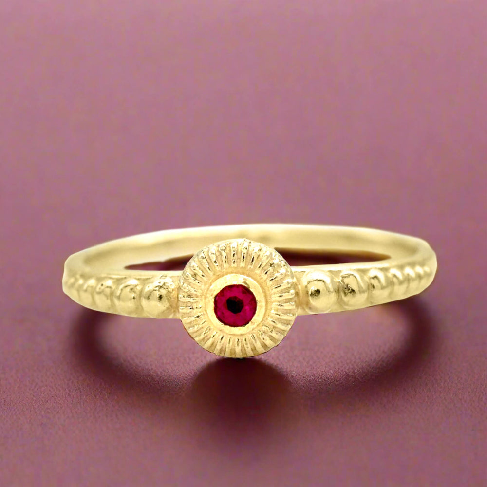 Golden Dot Ruby Ring 14K Gold 2mm Stone | Fine Rings | J+I