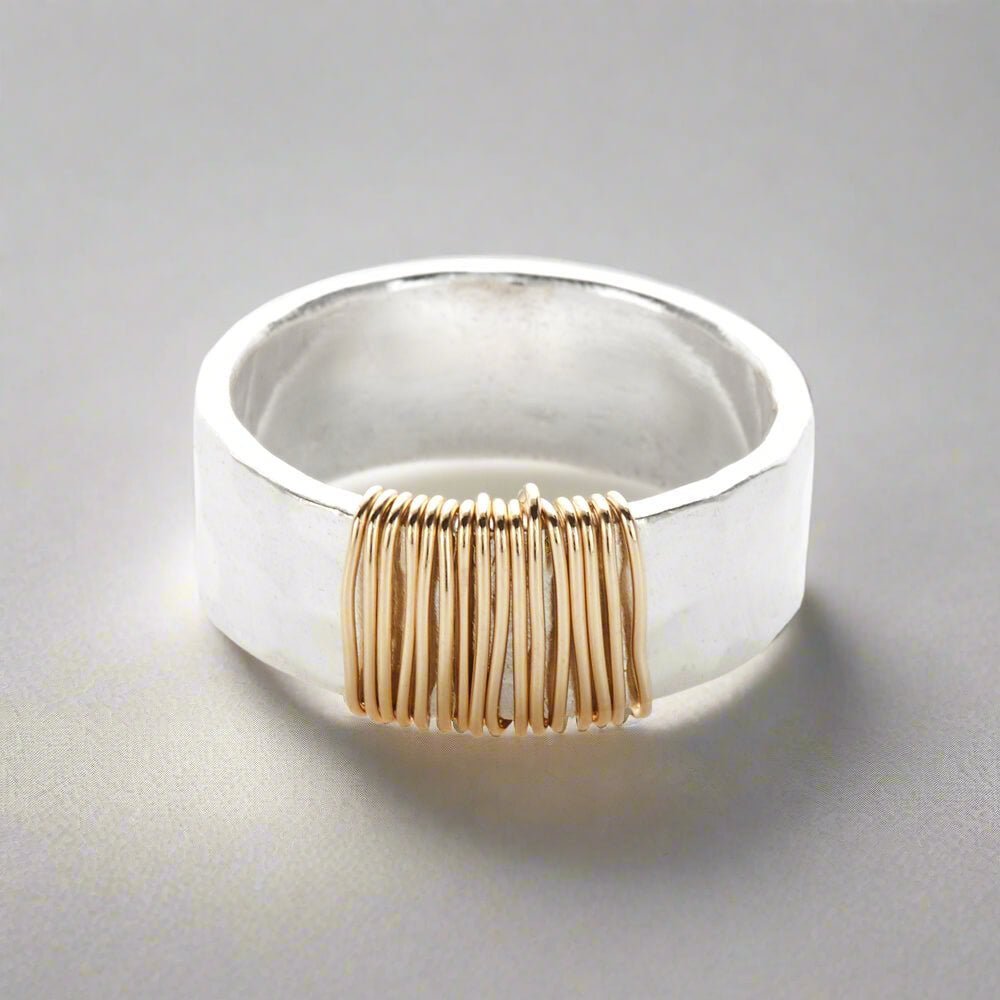 Hammered Silver Wrap Ring with Gold Accent | J+I Jewelry